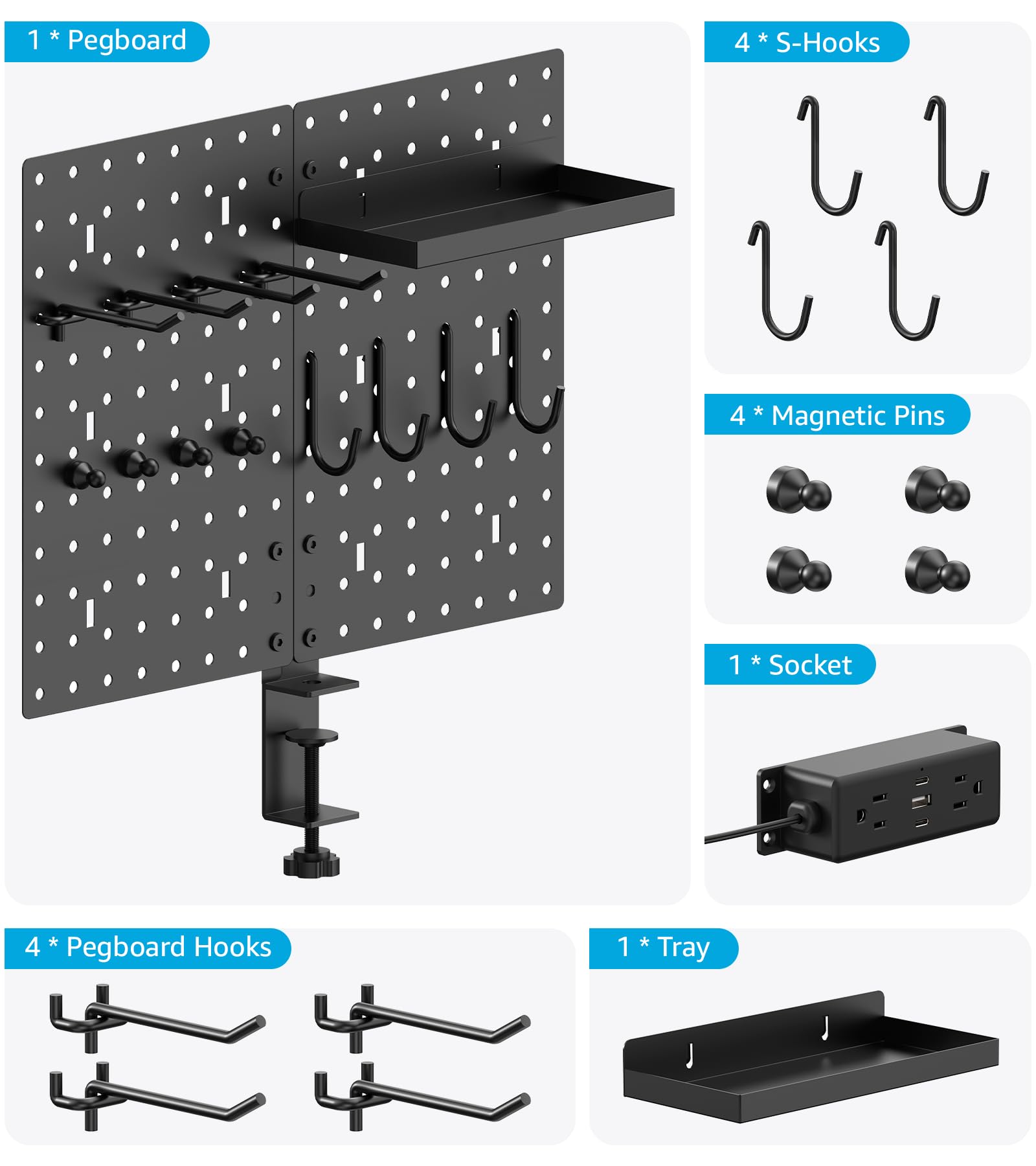 CCCEI Desk Organizer and Storage Pegboard with Charging Station, Gaming Standing Office Supplies Shelf Accessorie, Black Desktop Clamp Peg Board Privacy Organization Panel. Gifts for Men, 6FT.