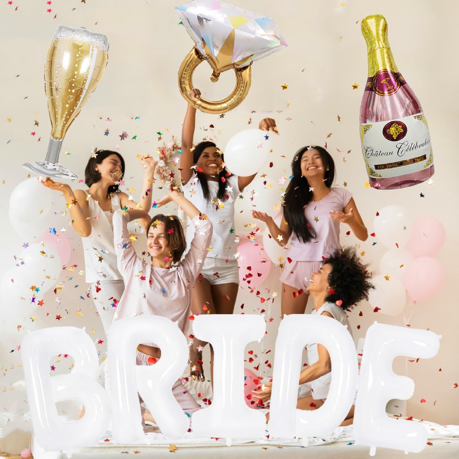 40 inch Bride Balloons White Letters Banner, Bachelorette Party Decorations Kit Include Large Ring Bottle Glass Foil Balloons, Bride To Be Sash and Veil for Bridal Shower Decorations