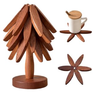 wooden trivets for hot dishes,tree shape trivet set,4 wooden trivets+1 stand,trivets for hot dishes,natural foldable kitchen wooden trivet,for hot dishes、pot、bowl、teapot、hot pot holders(black walnut)