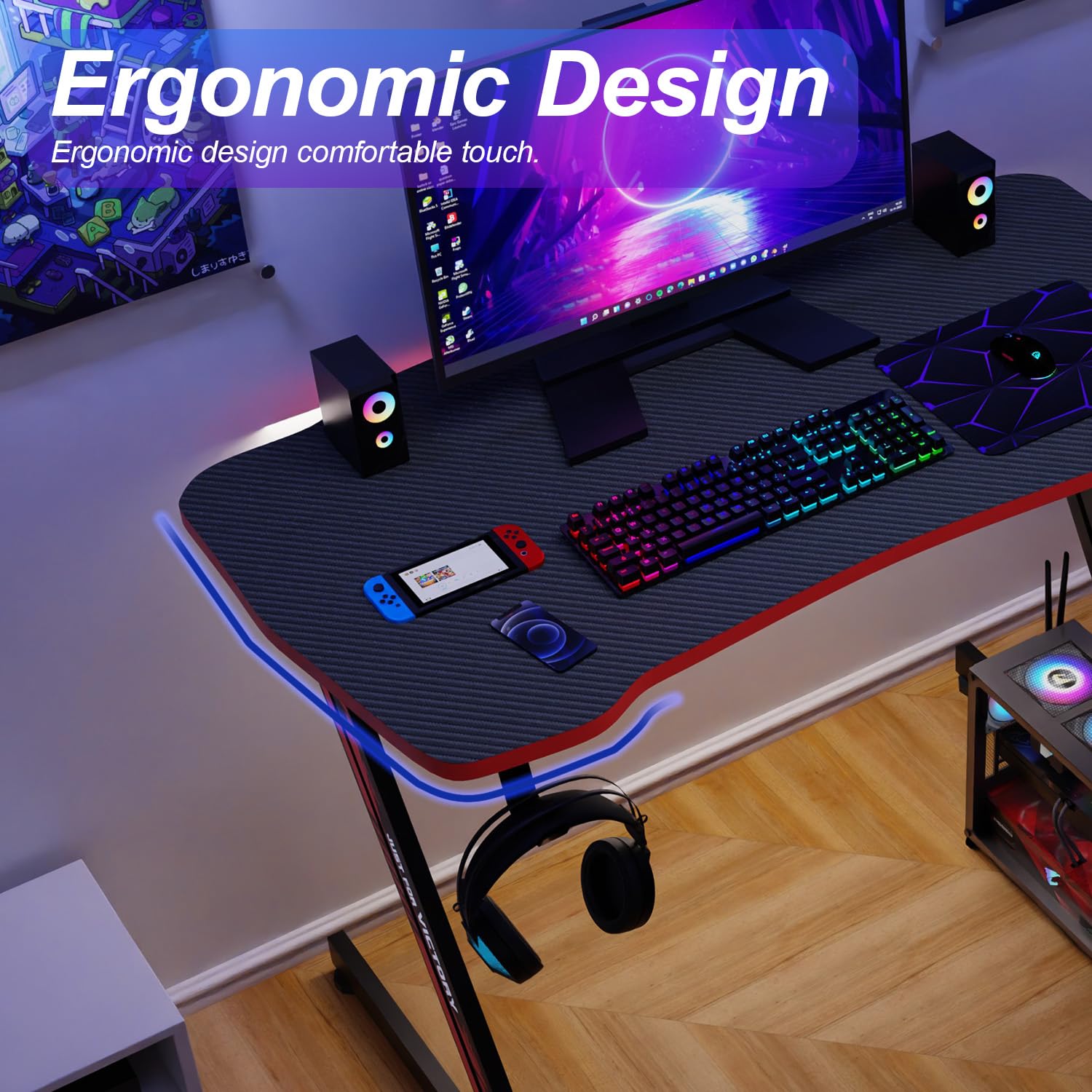 Ruesleag 39 Inch Gaming Desk Ergonomic Home Office Desk Z-Shaped Computer Desk PC Workstation Modern Simple Study Table w/Headphone Hook Adjustable Leveling Foot Spacious Desktop,(Red)