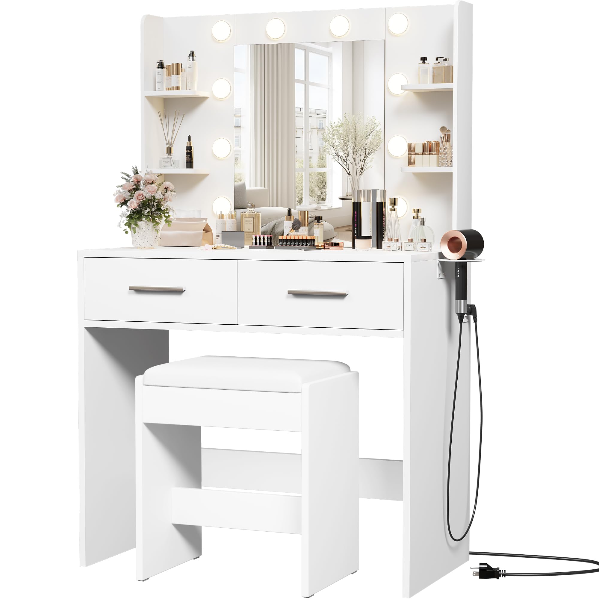 Furmax Make up Vanity Desk with Mirror and Power Outlet, Vanity with 3 Color Light Options Adjustable Brightness,Vanity Desk with 2 Drawers, 6 Storage Shelves (White, with Bench)