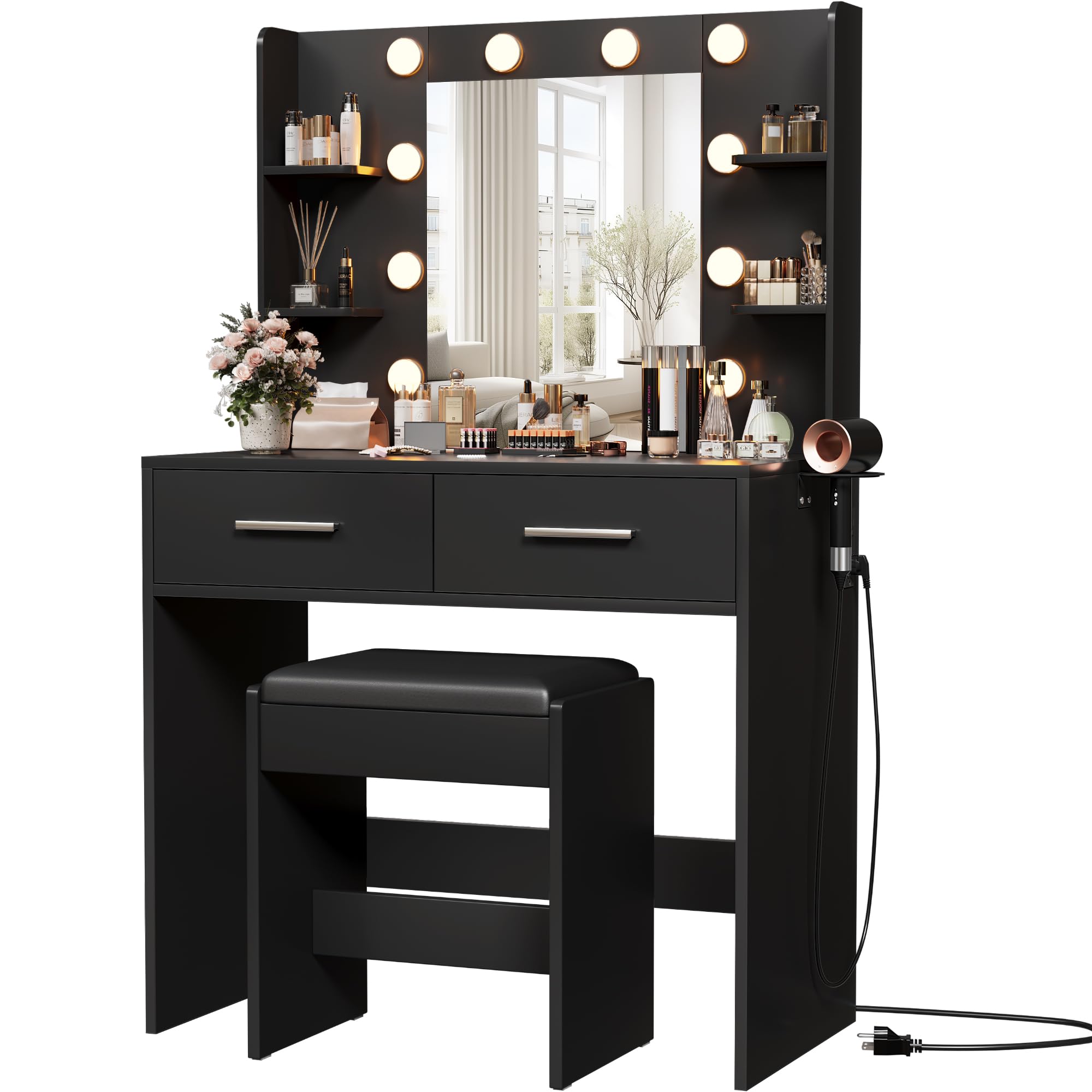 Furmax Make up Vanity Desk with Mirror and Power Outlet, Vanity with 3 Color Light Options Adjustable Brightness,Vanity Desk with 2 Drawers, 6 Storage Shelves (Black, with Bench)