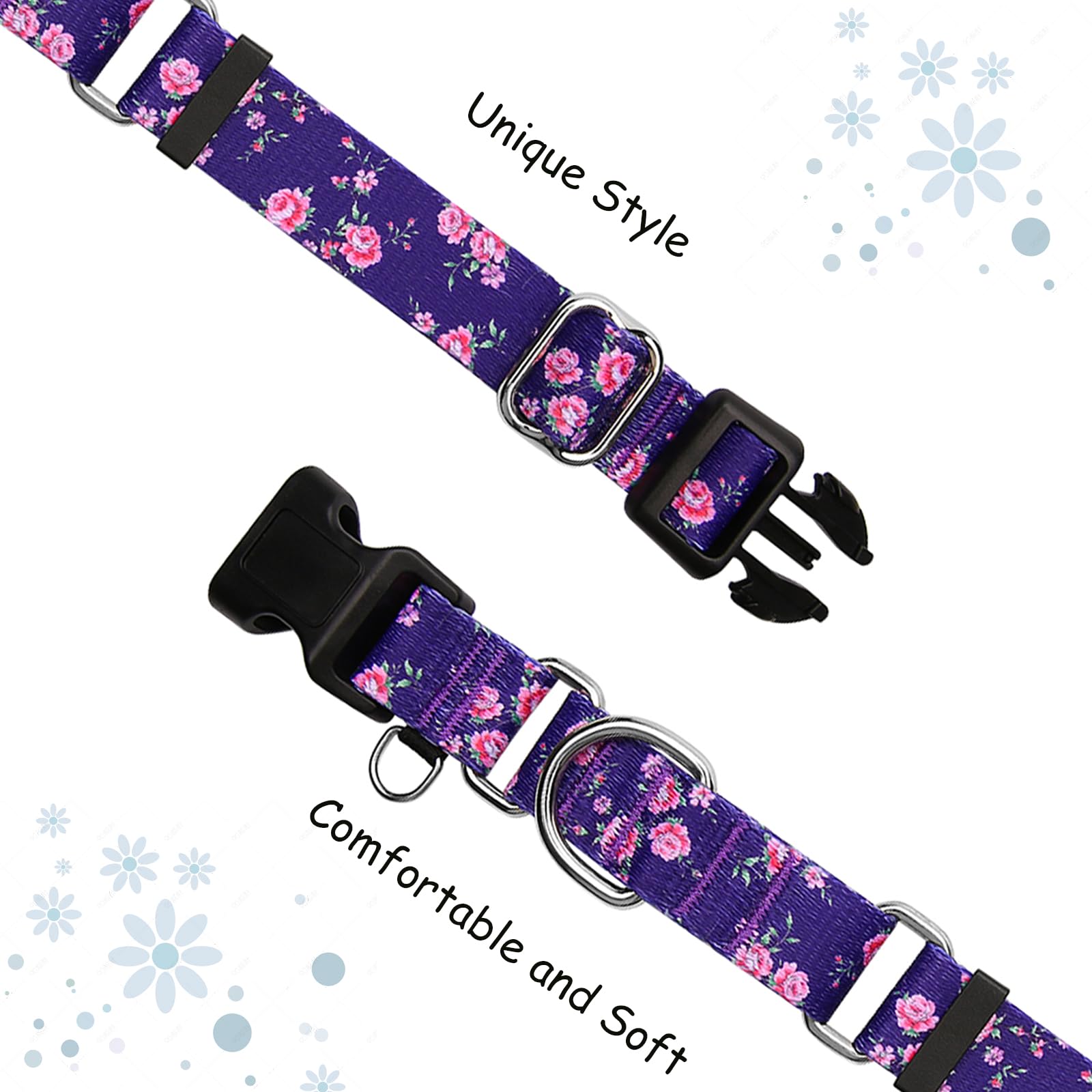 Fidohug Martingale Collar for Dogs with Buckle Floral Dog Collar Girl Female Soft Nylon Dog Collars for Small Medium Large Dogs (Purple Flower, S)