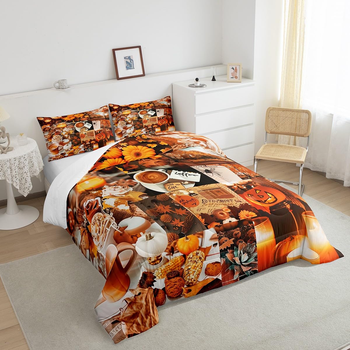 Feelyou Fall Pumpkin Bedding Set Halloween Themed Comforter Set Boys Girls Autumn Maple Leaves Decor Comforter Microfiber Pumpkin Fall Festival Duvet Set Bedroom Quilt Set Twin Size