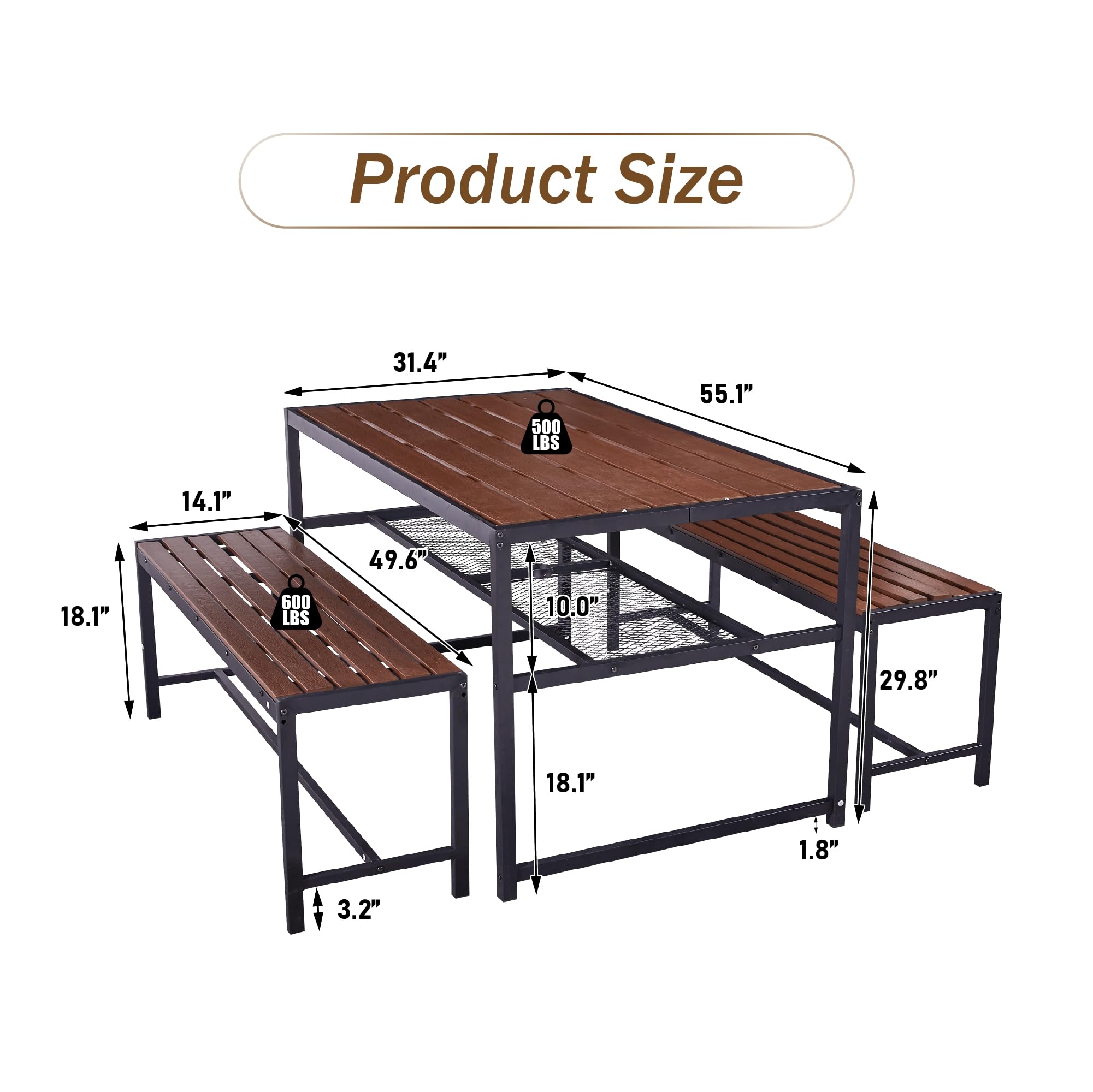 Outdoor Picnic Table and Bench Set with 2" Umbrella Hole and Storage Shelf, Patio Dining Set for 6 People, Outdoor Dining Table and Chair for Garden Yard Porch- Brown