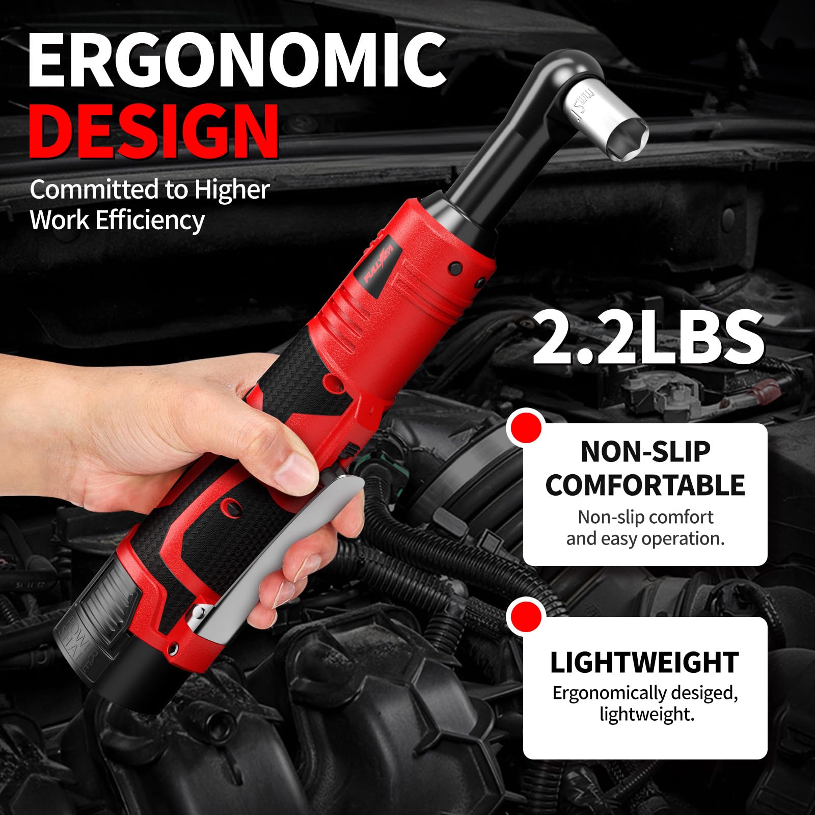 FULLYEA Electric Ratchet Wrench Set, 550 RPM Cordless Ratchet Wrench, 3/8" 18V Power Ratchet Tools with Variable Speed, LED Light, 7 Sockets, 2 Packs 2.0Ah Lithium-Ion Battery and Fast Charger