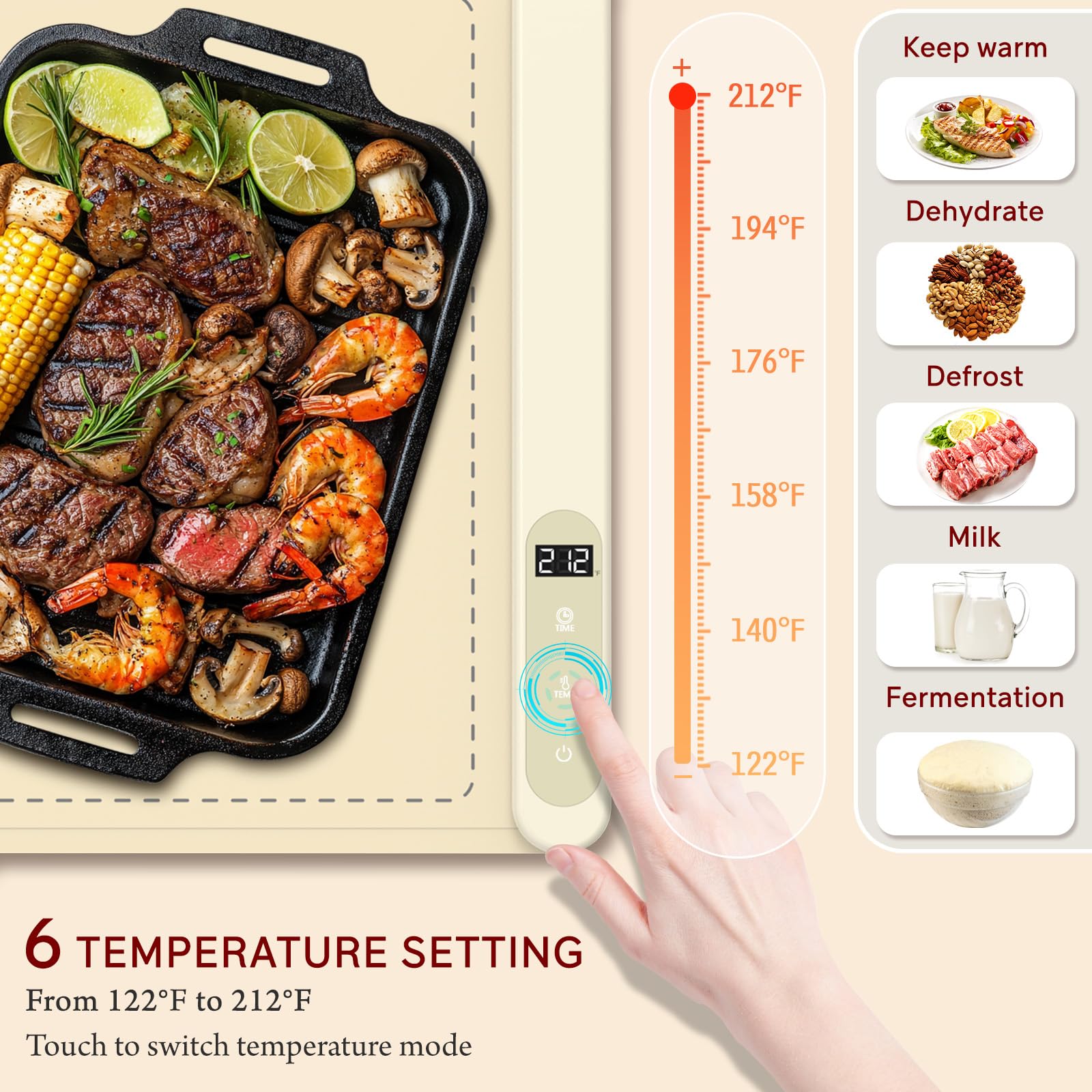 Food Warming Mat WochiTV Electric Warming Tray with 6 Level Temperature Control and 6 Hours Timer Extra Large Food Warmer Perfect for Parties Gatherings Buffet (Beige)