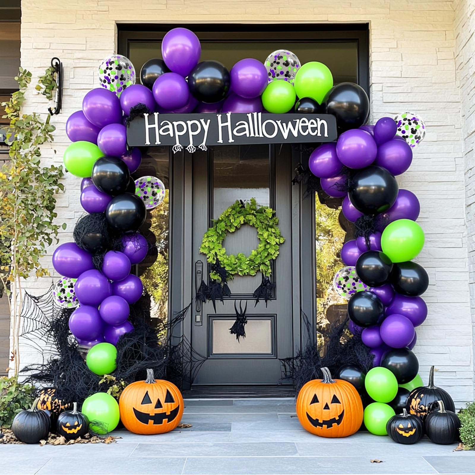 NISOCY Halloween Balloons Arch Kit, 100PCS Purple and BlackLime Green Balloons Graland Kit with Black Purple Green Confetti Balloons for Halloween Birthday Party Decorations