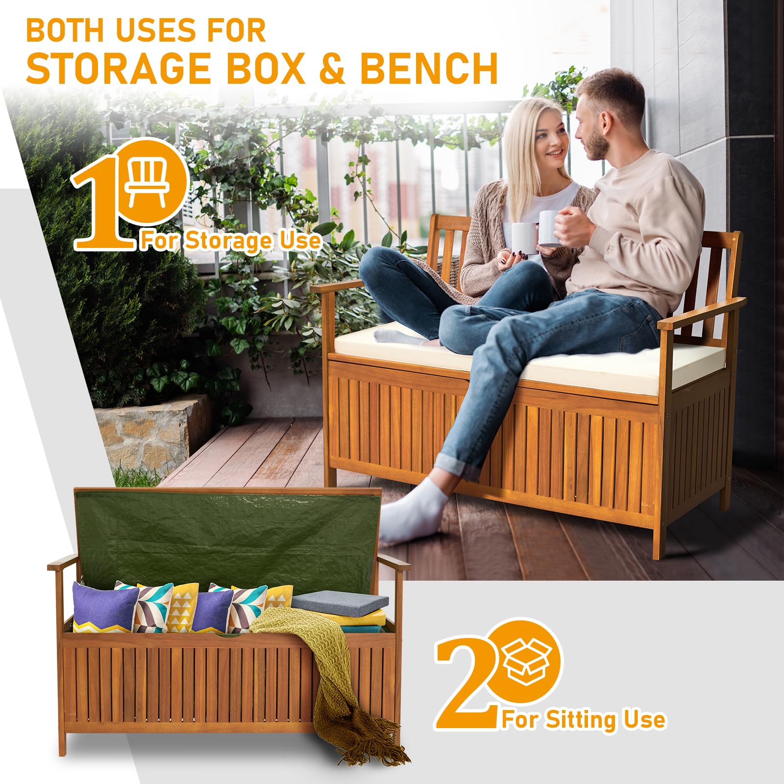 VINGLI 47in Outdoor Storage Bench Outdoor Bench with Storage, Garden Bench Patio Bench 43 Gallon Deck Storage Bench Porch Bench Wood Storage Bench