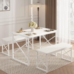 vecelo kitchen table with 2 benches for 4, 43.3'' wood dining room dinette sets with metal frame for breakfast nook and small space, white