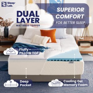 Sleep Lab Dual Layer 4 Inch Memory Foam Mattress Topper - Queen Mattress Topper - Cooling Mattress Topper for Back Pain - 3 Inch Cooling Gel Memory Foam, Ultrasoft Support + 1 Inch Fluffy Pillow Top