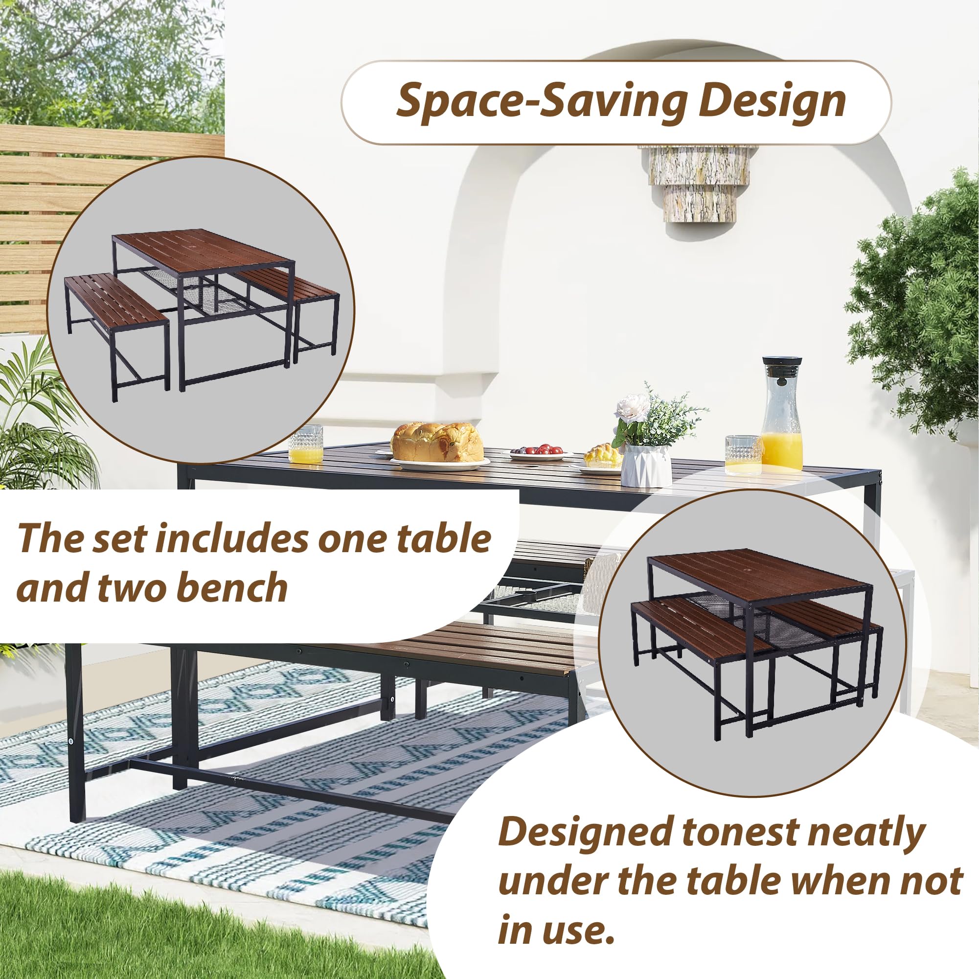 Outdoor Picnic Table and Bench Set with 2" Umbrella Hole and Storage Shelf, Patio Dining Set for 6 People, Outdoor Dining Table and Chair for Garden Yard Porch- Brown