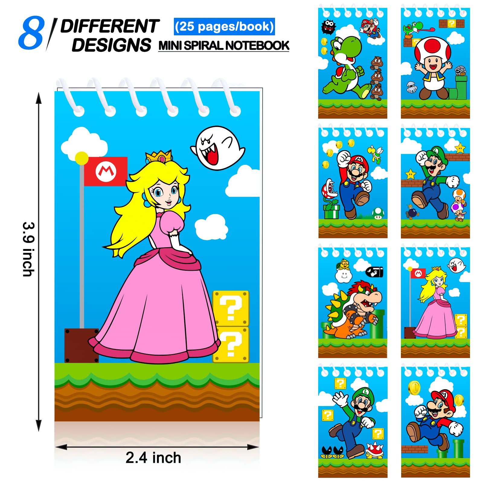 Mario Birthday Party Supplies, 24Pcs Mini Notepads for Mario Birthday Party Favors, Goodie Bag Stuffers, Children Classroom Rewards, 8 Types