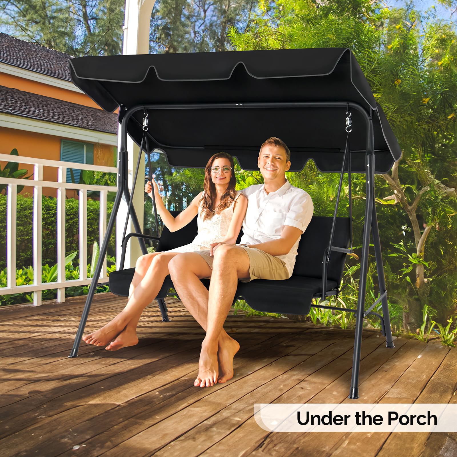 VINGLI 2 Person Outdoor Patio Swing Set, Adjustable Canopy Swing with Cushion, Heavy Duty 550 LBS Porch Swing with Steel Frame Suit for Yard, Garden, Lawn, Black