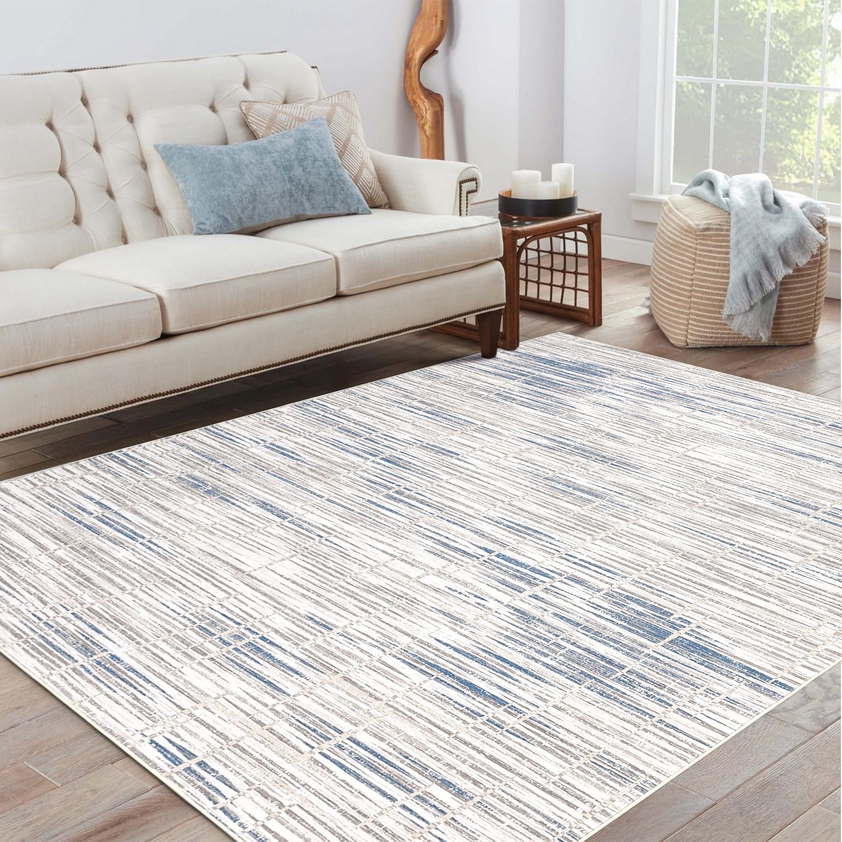 ROYHOME 8x10 Bedroom Rug Geometric Large Living Room Area Rug Indoor Washable Rug Non-Slip Stain Resistant Throw Floor Carpet Modern Abstract Dining Room Rug Boho Accent Rug for Home Office, Blue