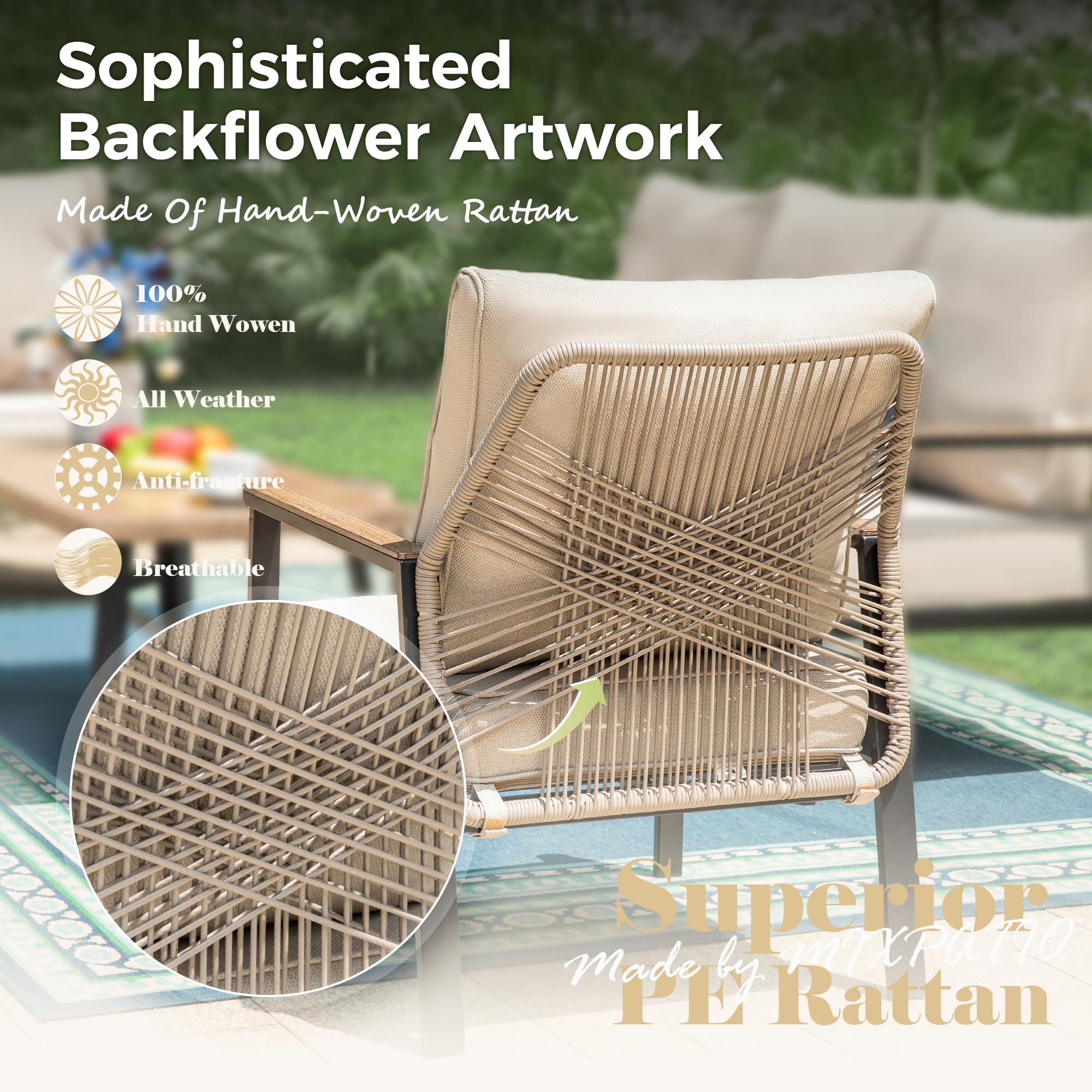 MIXPATIO 4 Piece Patio Furniture Set, All Weather Wicker Outdoor Sofa with 5.5" Cushions, 2 Fixed Chairs, 3-Seat Sofa with Wood Grain Coffee Table, Patio Conversation Set for Porch, Backyard, Beige