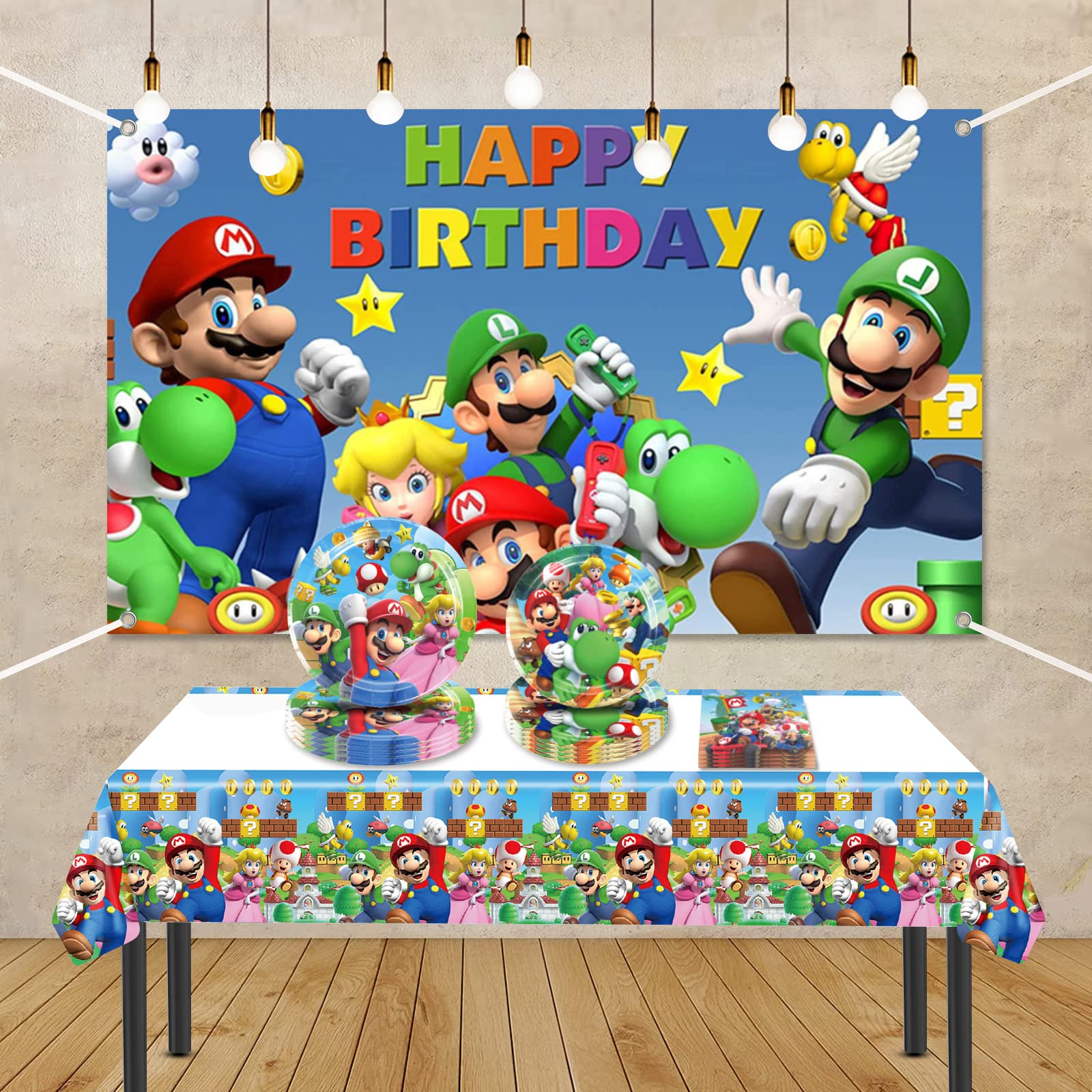 Mario Birthday Party Supplies, 20 Plates, 20 Napkins and 1 Tablecover for Mario Party Supplies, Mario Theme Party Decorations