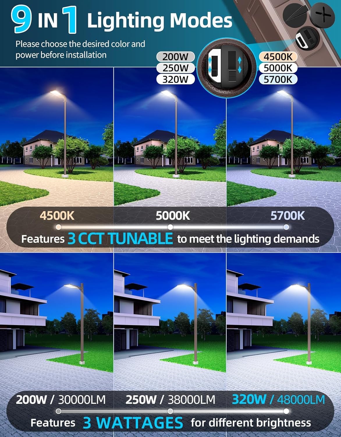 LED Parking Lot Light 320W 250W 200W Adjustable, LED Shoebox Light 5700K 5000K 4500K Arm&Slip Fit Mount, UL DLC Listed Outdoor Pole Light with Photocell, IP65 Commercial Street Area Flood Lighting