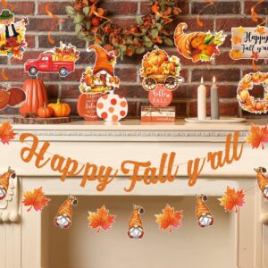 Happy Fall Y'all Decorations, Fall Party Decorations Supplies Glitter Happy Fall Y'all Banner, Pumpkin Maple Leaf Ceiling Hanging Swirls, Maple Garland for Fall Thanksgiving Day