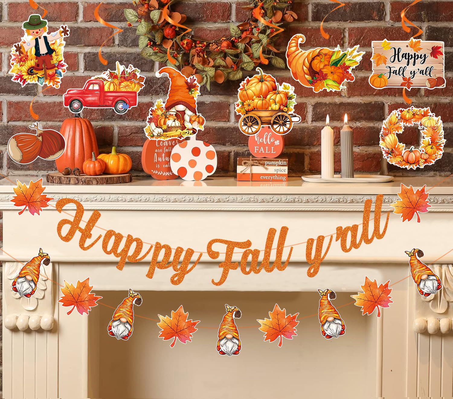 Happy Fall Y'all Decorations, Fall Party Decorations Supplies Glitter Happy Fall Y'all Banner, Pumpkin Maple Leaf Ceiling Hanging Swirls, Maple Garland for Fall Thanksgiving Day