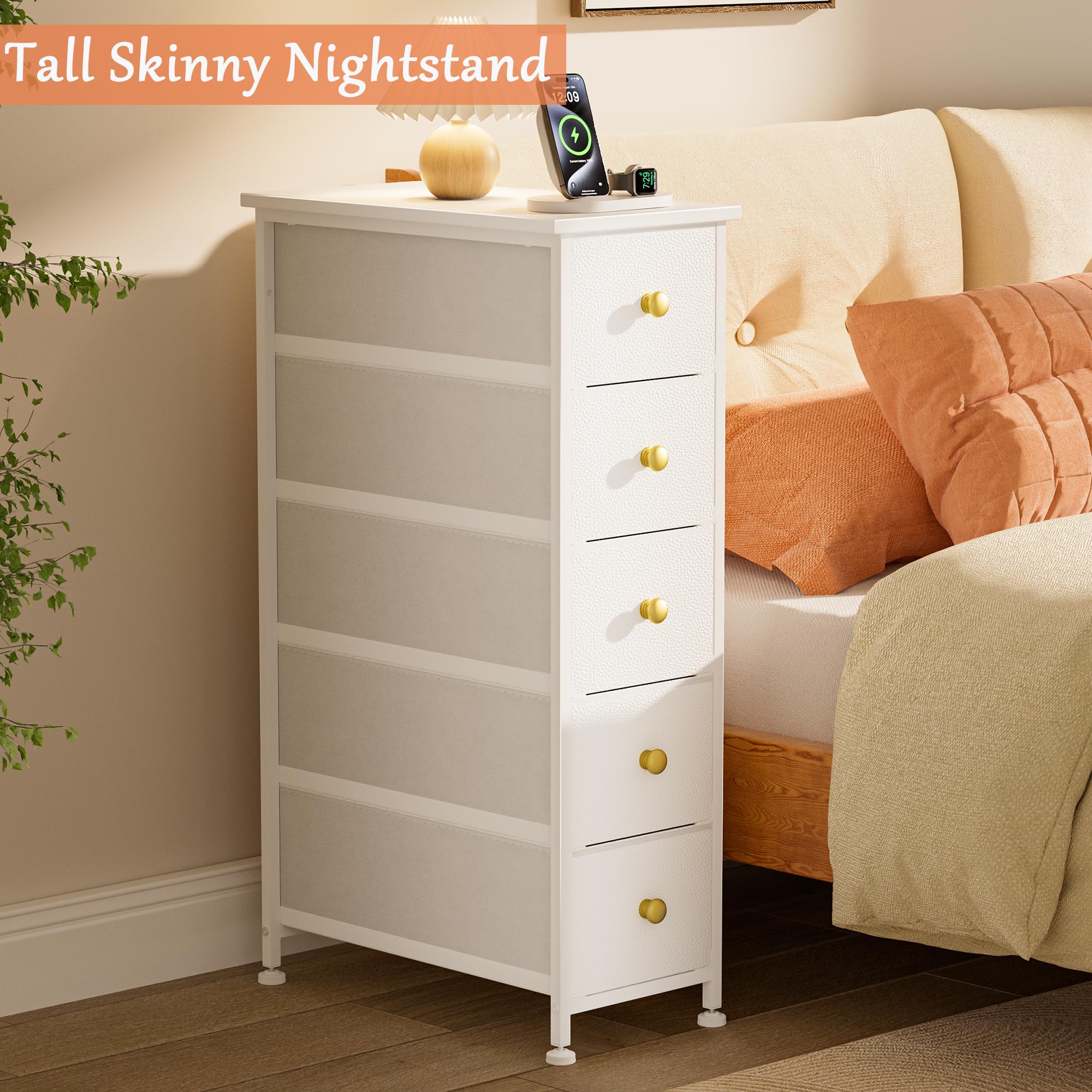 YIPPPPE Narrow Dresser Vertical Skinny Dresser, Tall Narrow Night Stand with 5 Drawers, Slim Chest of Drawers, Metal Pull Handle, for Small Spaces Closet Dorm Bedroom Bathroom Office Laundry, White