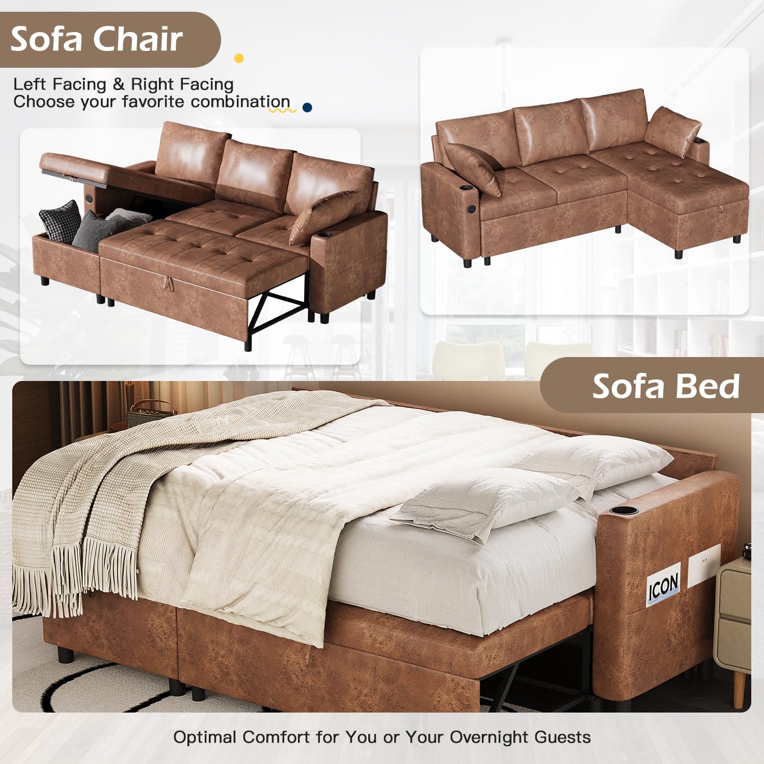 Esright Sleeper Sofa Couch with Pullout Bed, Faux Leather Sofa Bed Pull Out Couch Bed Sofa Pull Out Couch with Storage, Sectional Sleeper Sofa Couch with Pull Out Bed for Living Room Clearance, Brown