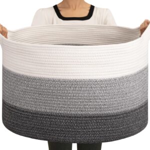 oiahomy extra large storage basket, 23" x 13" woven blanket basket for living room, round woven basket for clothes, laundry basket for pillow-gradient grey