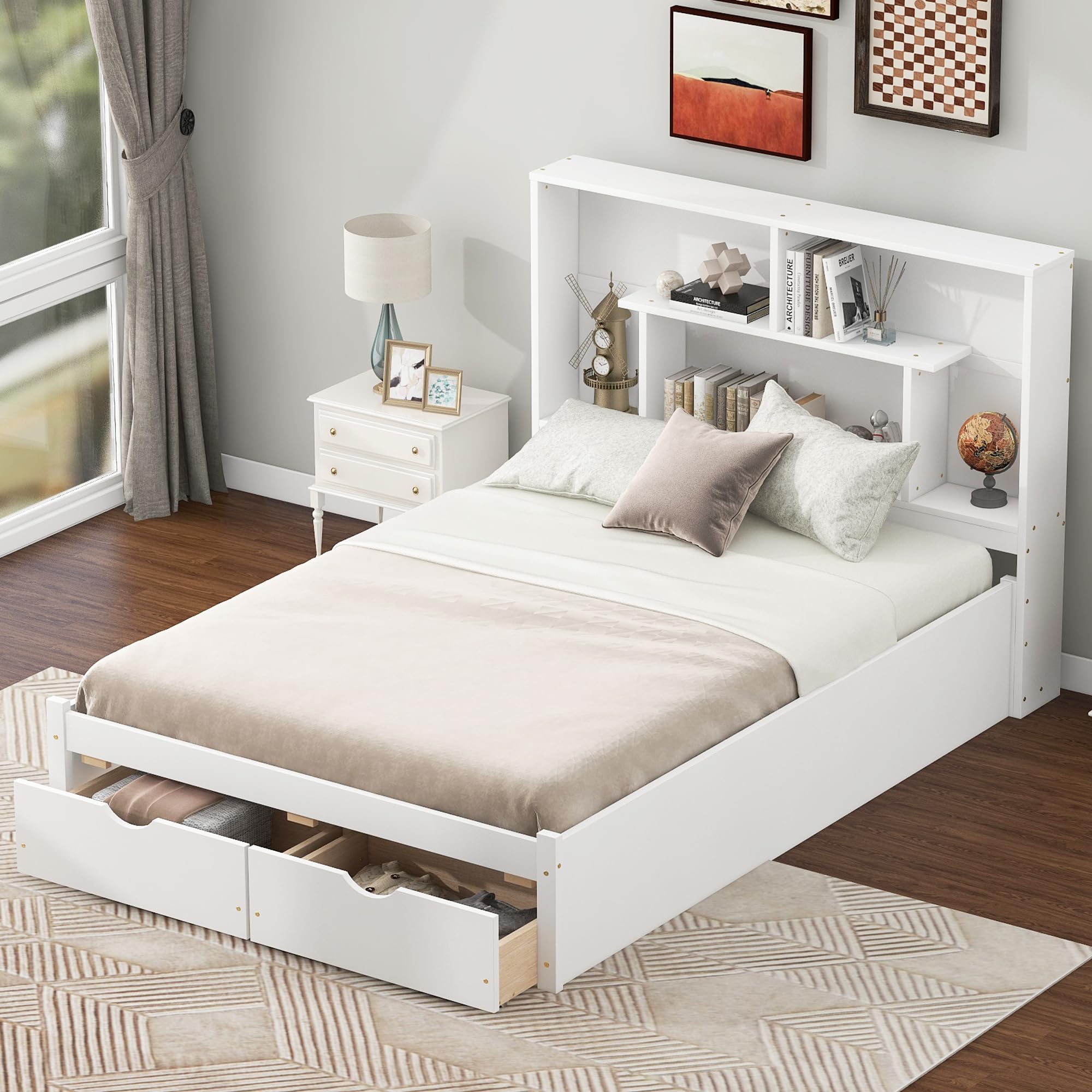 Harper & Bright Designs Full Platform Bed with Storage Headboard & 2 Drawers, Wooden Full Storage Bed Frame with Sturdy Slat Support for Kids Teens Adults, White