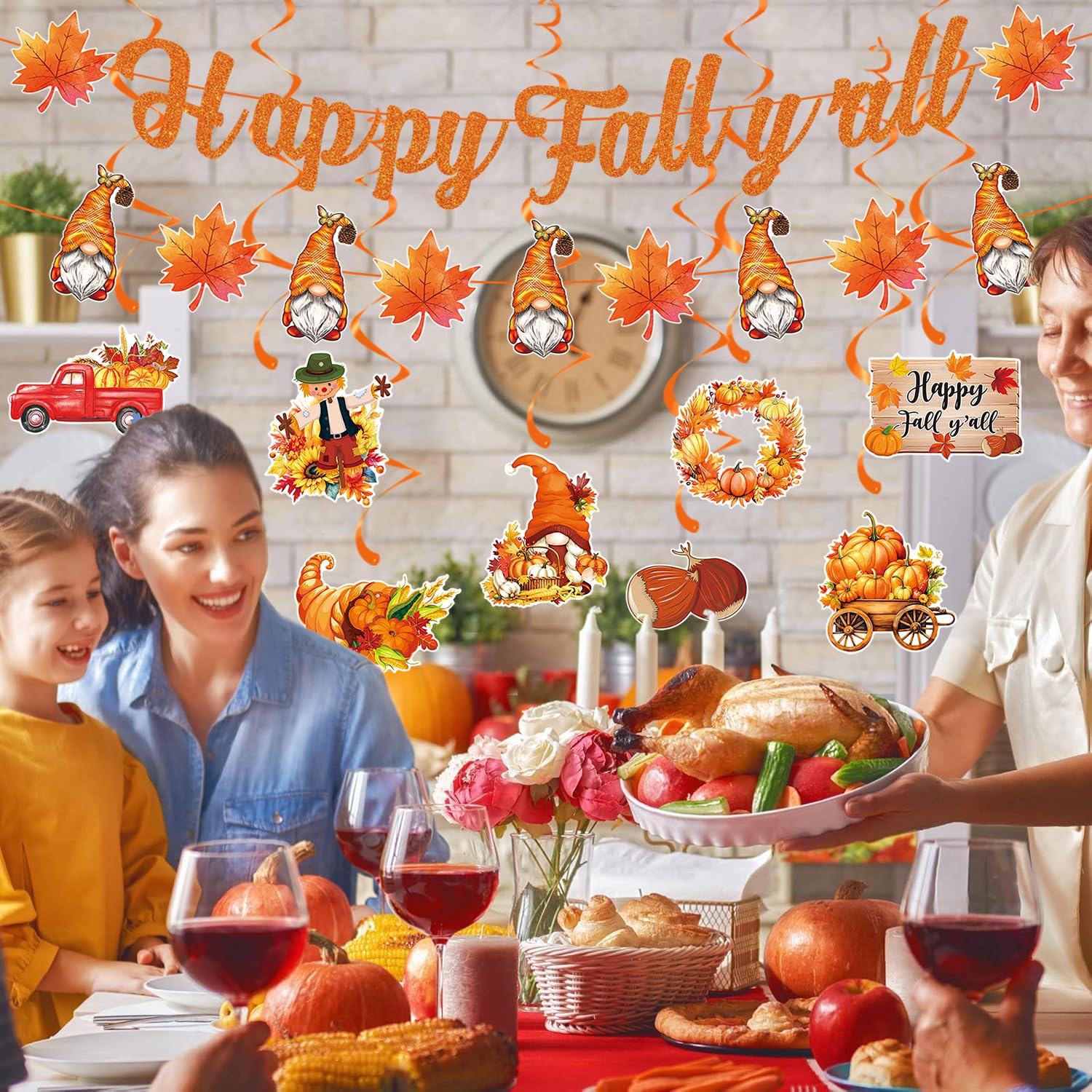 Happy Fall Y'all Decorations, Fall Party Decorations Supplies Glitter Happy Fall Y'all Banner, Pumpkin Maple Leaf Ceiling Hanging Swirls, Maple Garland for Fall Thanksgiving Day