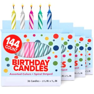 144 count birthday candles, multi-color spiral candles bulk pack, birthday candles for cake and cupcakes, candles for birthday parties, holidays, and more! green, pink, white, yellow & blue