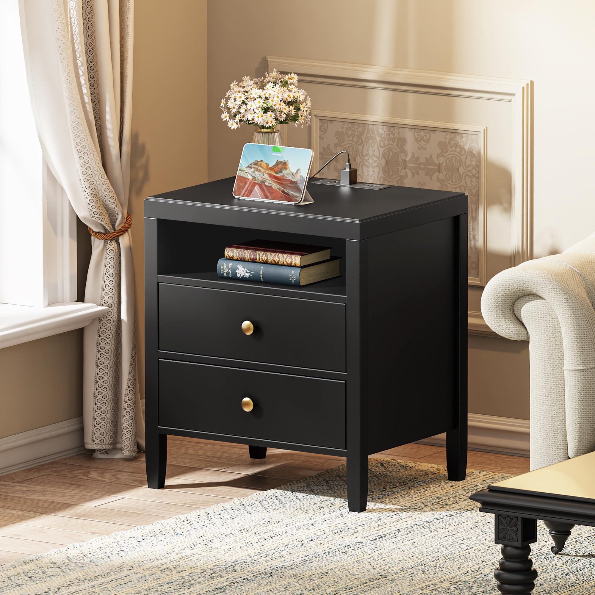 Huuger Night Stand with Charger Station, Black Nightstand with 2 Drawers, Bed Side Table with Storage, Modern End Table, Metal Knobs, Painted Surface, for Bedroom