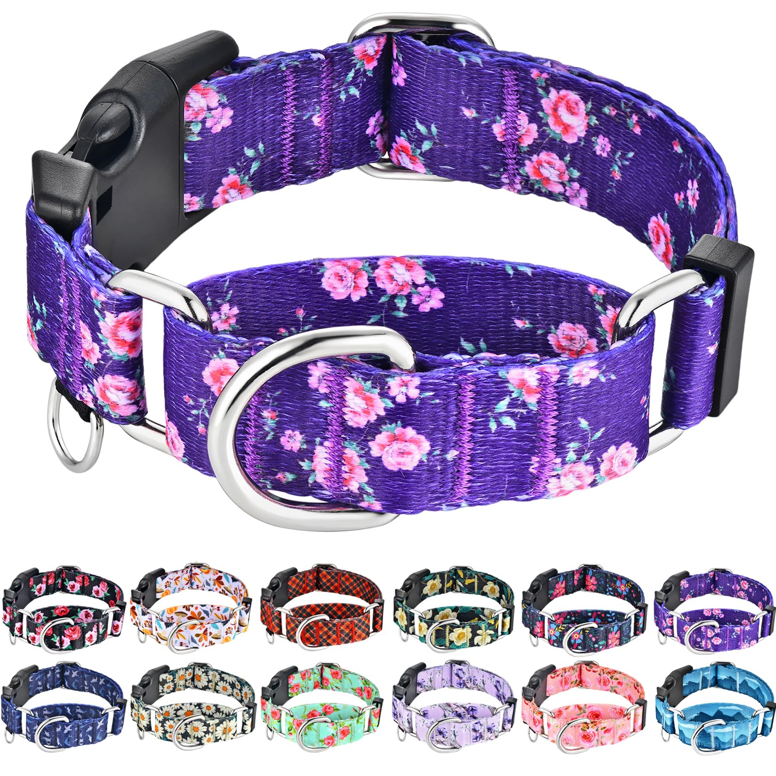 Fidohug Martingale Collar for Dogs with Buckle Floral Dog Collar Girl Female Soft Nylon Dog Collars for Small Medium Large Dogs (Purple Flower, S)