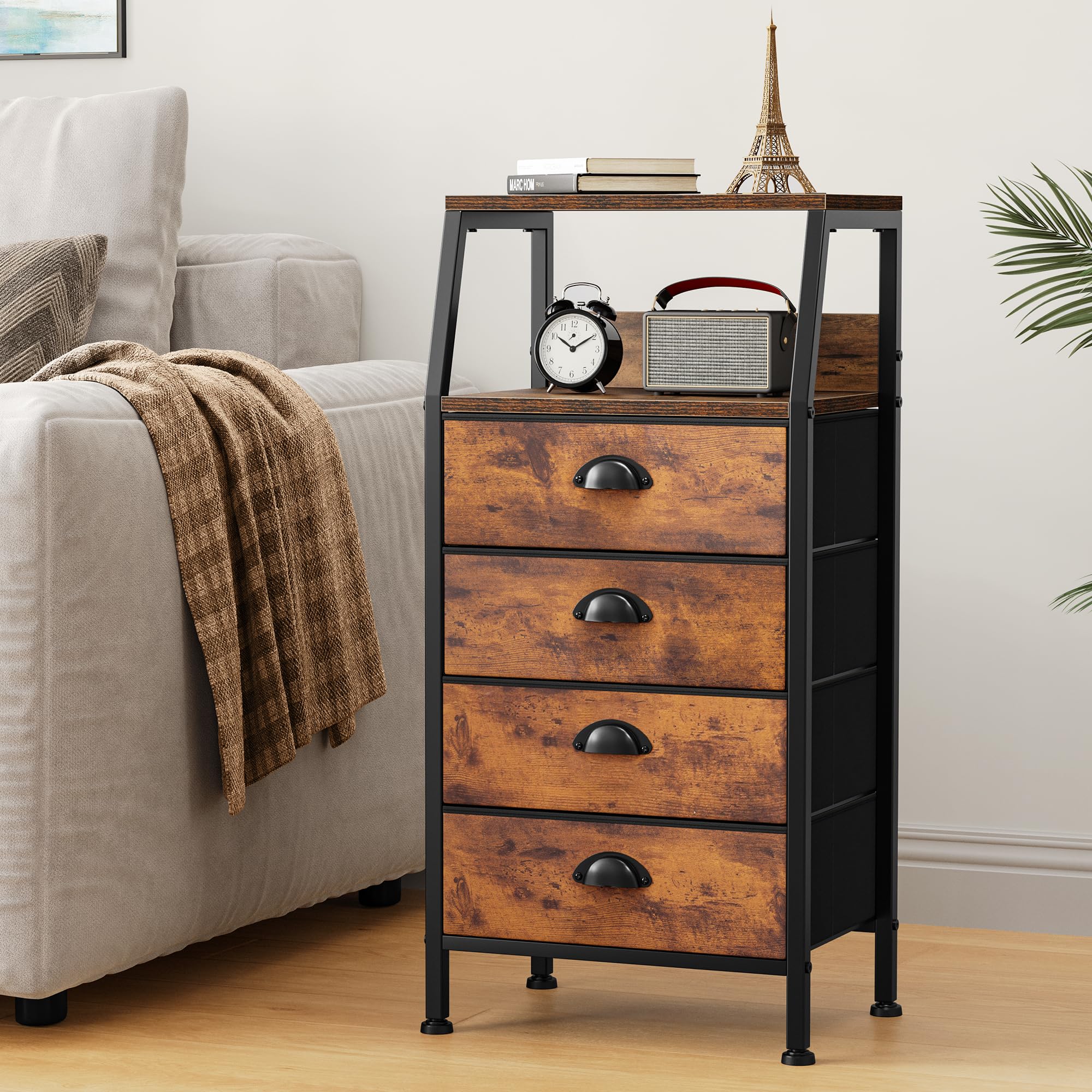 YITAHOME Nightstand Dresser with 4 Drawers, Shelf with Drawers for Bedroom, Hallway, Entryway, Closets, with Sturdy Steel Frame, Wood Top, Easy Pull Handles, Rustic Brown Wood Grain Print