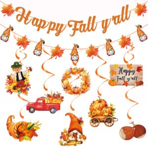 happy fall y'all decorations, fall party decorations supplies glitter happy fall y'all banner, pumpkin maple leaf ceiling hanging swirls, maple garland for fall thanksgiving day