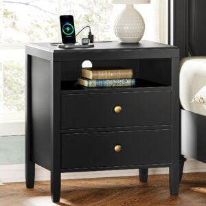 huuger night stand with charger station, black nightstand with 2 drawers, bed side table with storage, modern end table, metal knobs, painted surface, for bedroom