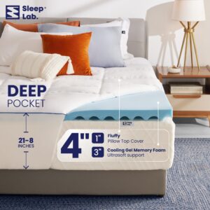 Sleep Lab Dual Layer 4 Inch Memory Foam Mattress Topper - Queen Mattress Topper - Cooling Mattress Topper for Back Pain - 3 Inch Cooling Gel Memory Foam, Ultrasoft Support + 1 Inch Fluffy Pillow Top