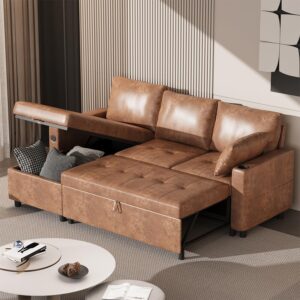 Esright Sleeper Sofa Couch with Pullout Bed, Faux Leather Sofa Bed Pull Out Couch Bed Sofa Pull Out Couch with Storage, Sectional Sleeper Sofa Couch with Pull Out Bed for Living Room Clearance, Brown