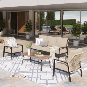 MIXPATIO 4 Piece Patio Furniture Set, All Weather Wicker Outdoor Sofa with 5.5" Cushions, 2 Fixed Chairs, 3-Seat Sofa with Wood Grain Coffee Table, Patio Conversation Set for Porch, Backyard, Beige