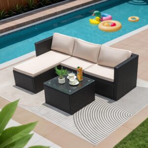 flamaker outdoor patio furniture set wicker patio sofa 3 pieces conversation set rattan sectional sofa with adjustable seat for balcony porch backyard, beige