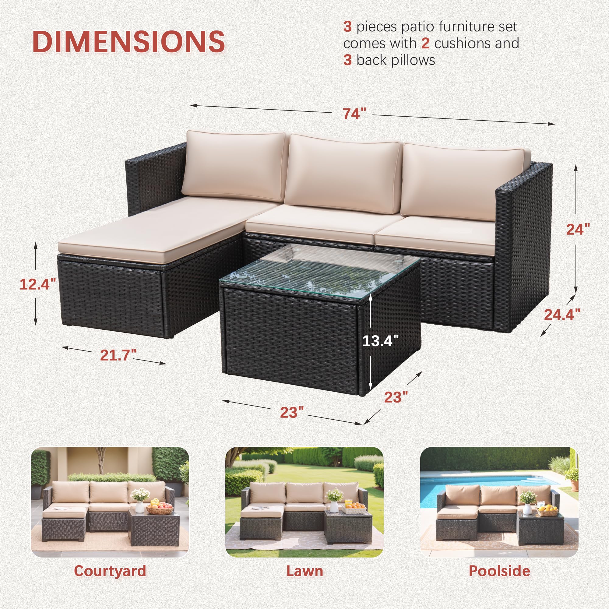 Flamaker Outdoor Patio Furniture Set Wicker Patio Sofa 3 Pieces Conversation Set Rattan sectional Sofa with Adjustable Seat for Balcony Porch Backyard, Beige