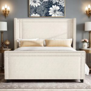 jocisland queen size bed frame, chenille upholstered platform bed with wingback headboard & footboard, nailhead trim, no box spring needed, cream