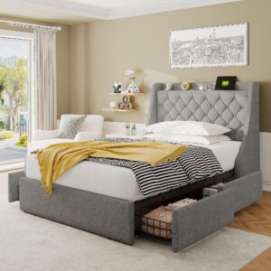 ipormis twin size bed frame with 4 storage drawers, upholstered platform bed frame with type-c & usb ports, wingback storage headboard, solid wood slats, no box spring needed, light gray