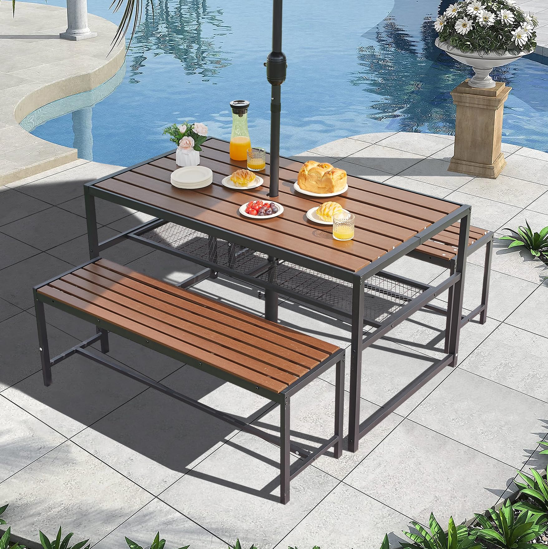 Outdoor Picnic Table and Bench Set with 2" Umbrella Hole and Storage Shelf, Patio Dining Set for 6 People, Outdoor Dining Table and Chair for Garden Yard Porch- Brown