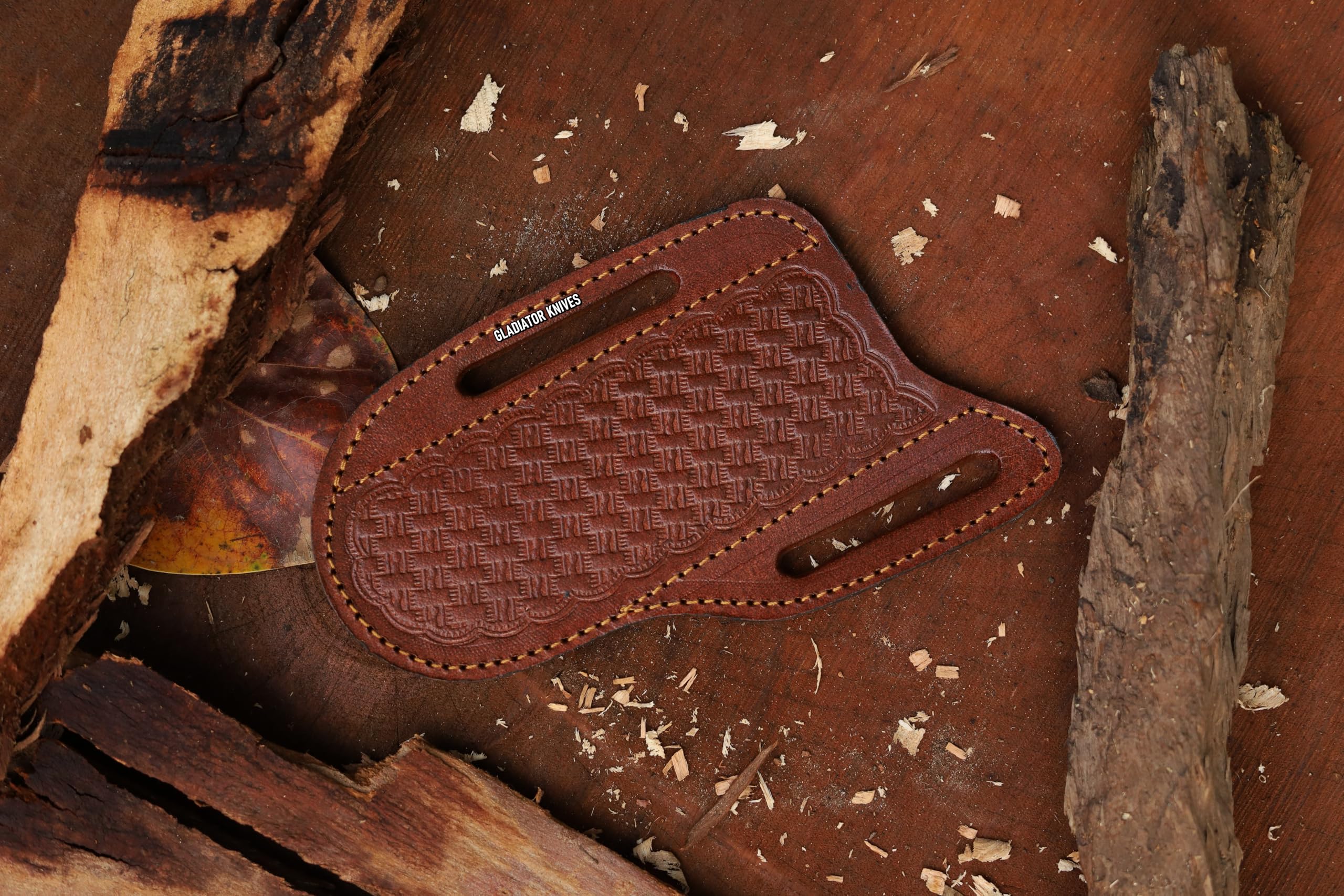 GLADIATOR KNIVES Leather Knife Sheath for Belt, Slanted Pancake Style, Tooled Leather, Cowboy Bull Cutter Cover, Cross Draw, 100% Real Leather (BROWN)