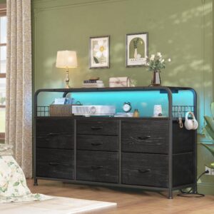 enhomee black dresser for bedroom with led lights & charging station, 7 drawer dresser with open shelf, fabric bedroom dressers & chest of drawers for closet, entryway, hallway, 4 hooks