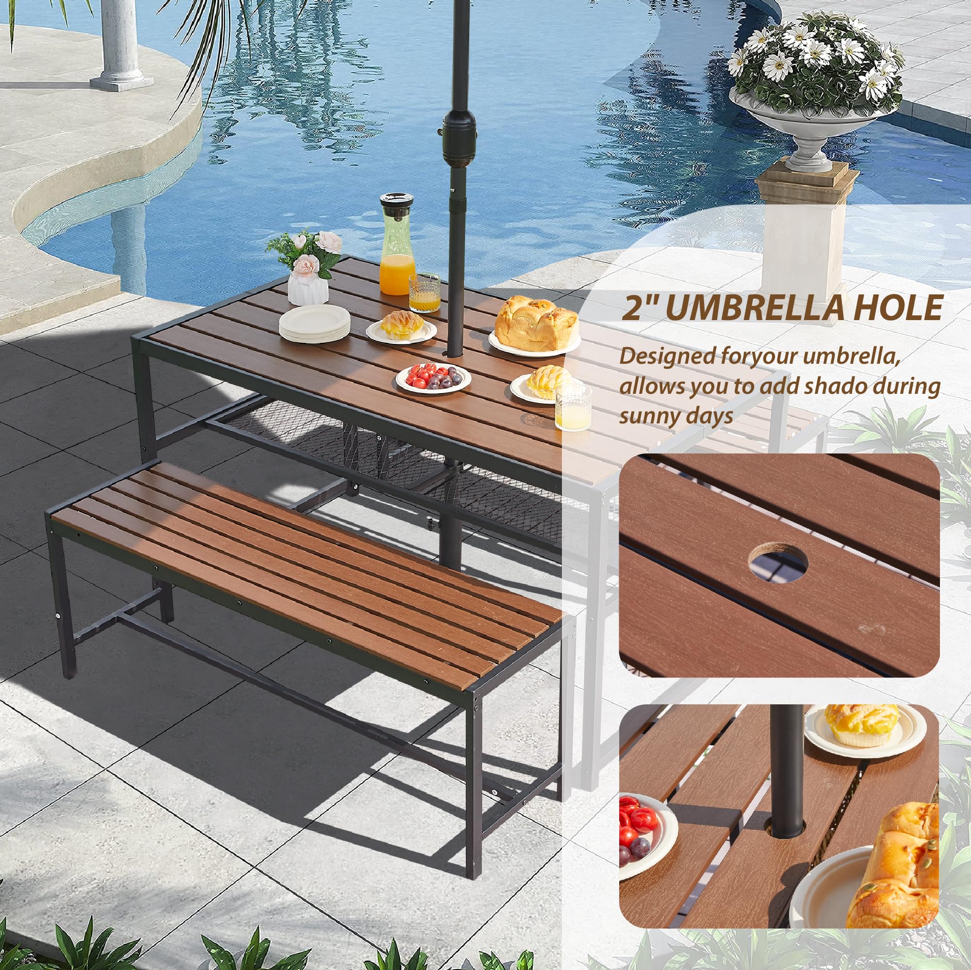 Outdoor Picnic Table and Bench Set with 2" Umbrella Hole and Storage Shelf, Patio Dining Set for 6 People, Outdoor Dining Table and Chair for Garden Yard Porch- Brown