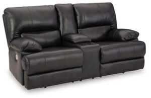 signature design by ashley mountainous modern leather match wall hugger power reclining loveseat with adjustable headrest, usb ports, storage and cup holders, black