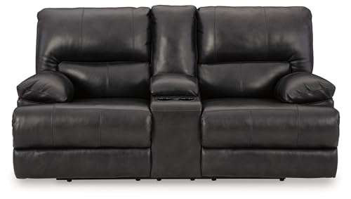 Signature Design by Ashley Mountainous Modern Leather Match Wall Hugger Power Reclining Loveseat with Adjustable Headrest, USB Ports, Storage and Cup Holders, Black