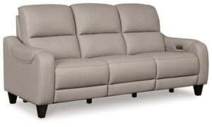 signature design by ashley mercomatic casual leather match wall hugger power reclining sofa with adjustable headrest and usb ports, light gray