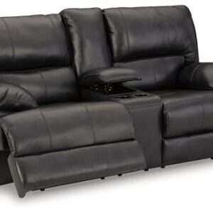 Signature Design by Ashley Mountainous Modern Leather Match Wall Hugger Power Reclining Loveseat with Adjustable Headrest, USB Ports, Storage and Cup Holders, Black